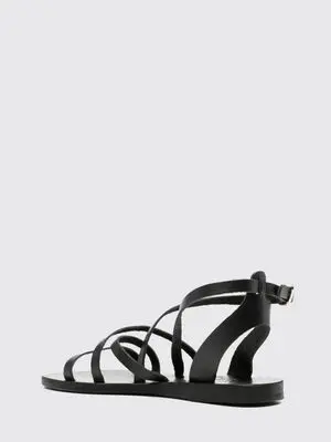 ANCIENT GREEK SANDALS Laminated Leather Flat Sandals With Ankle Strap - Black