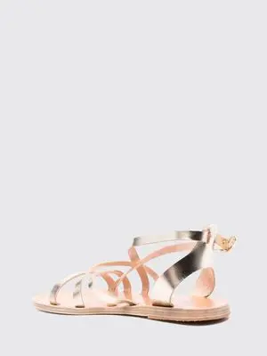 ANCIENT GREEK SANDALS Laminated Leather Flat Sandals With Ankle Strap - Silver