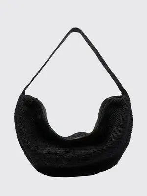 IBELIV Vibe Crochet Shoulder Bag In Raffia With A Zip Closure And Braided Handle - Black