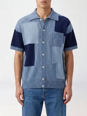 LANEUS Patchwork Print Cotton Bowling Shirt With An Elasticated Hem - Denim