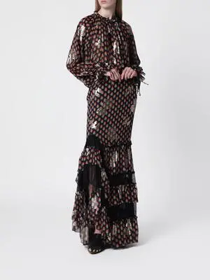 Etro Floral Jacquard Asymmetric Long Silk Skirt With Lace Inserts - Multicolor