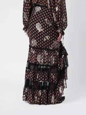 Etro Floral Jacquard Asymmetric Long Silk Skirt With Lace Inserts - Multicolor