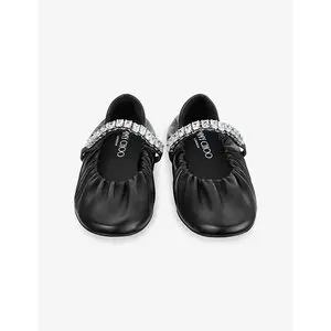JIMMY CHOO Jade Ruched Leather Ballerina Flats - X Black/crystal