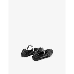 JIMMY CHOO Jade Ruched Leather Ballerina Flats - X Black/crystal