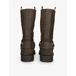 Burberry Mid Calf Suede Boots With Buckle Detail And Chunky Sole - Brown/oth