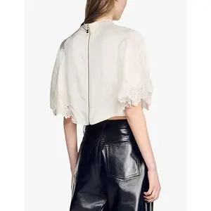 Sandro Cropped Lace Trim Top - Ecru