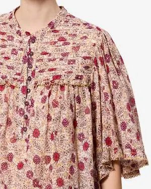 ETOILE Douna Printed Cotton Voile Blouse - Ecru-raspberry