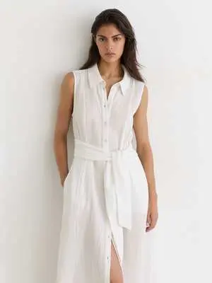 REISS Cotton Cheesecloth Belted Shirt Dress - Ivory