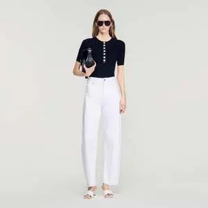 Sandro Ribbed Button Placket Knit Top - Black