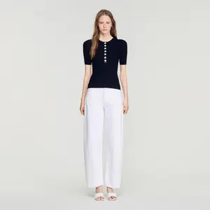 Sandro Ribbed Button Placket Knit Top