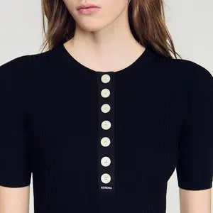 Sandro Ribbed Button Placket Knit Top