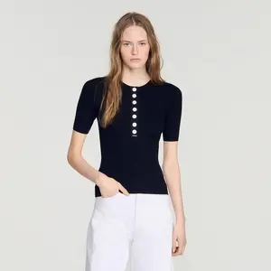 Sandro Ribbed Button Placket Knit Top