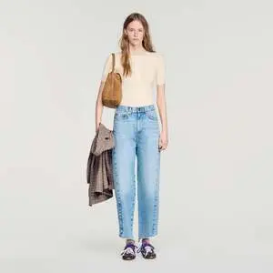 Sandro Ribbed Knit Top With Button Placket - Ecru