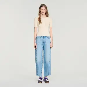 Sandro Ribbed Knit Top With Button Placket - Ecru