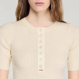 Sandro Ribbed Knit Top With Button Placket - Ecru