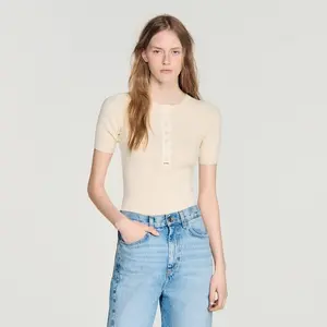 Sandro Ribbed Knit Top With Button Placket - Ecru