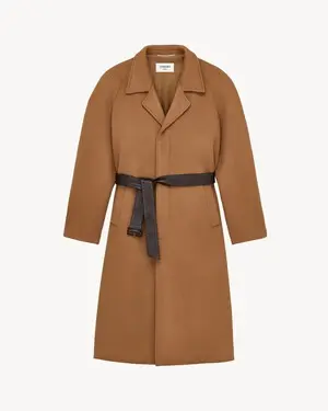 Saint Laurent Belted Balmacaan Coat In Double-face Wool - Alezan