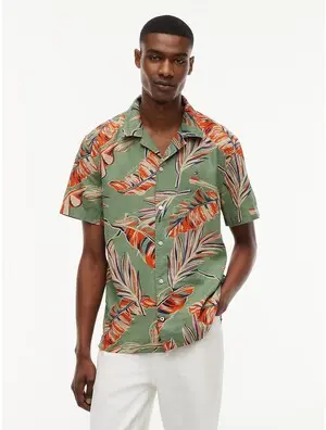 Tommy Hilfiger Regular Fit Leaf Linen-blend Camp Shirt - Ghost Fern