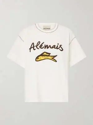 ALEMAIS Scuba Embroidered Cotton-jersey T-shirt - Ivory