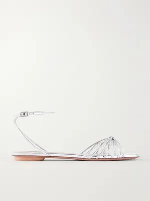 AQUAZZURA Anima Metallic Leather Flat Sandals - Silver