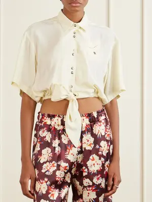 Rabanne Cropped Crepe De Chine Blouse With Logo Embellishment - Yellow