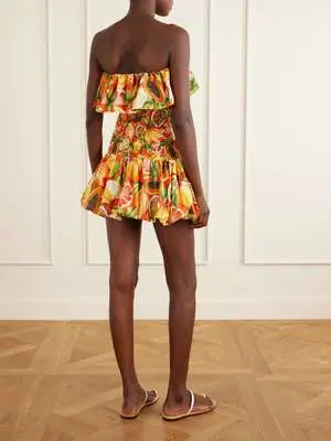 Farm Rio Strapless Ruffled Printed Shirred Cotton Mini Dress