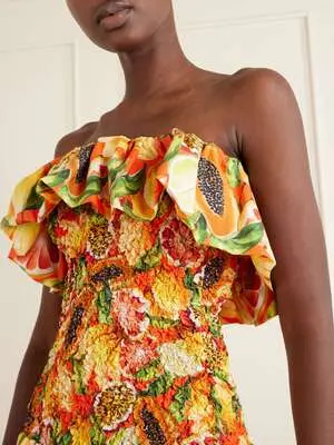 Farm Rio Strapless Ruffled Printed Shirred Cotton Mini Dress