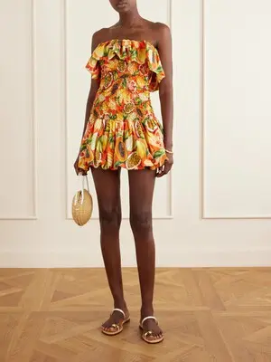 Farm Rio Strapless Ruffled Printed Shirred Cotton Mini Dress
