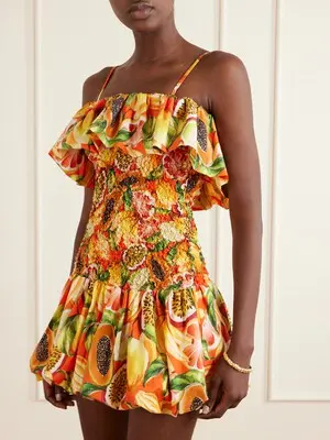 Farm Rio Strapless Ruffled Printed Shirred Cotton Mini Dress
