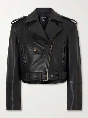 Balmain Cropped Belted Leather Biker Jacket - Black