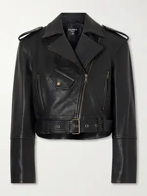 Balmain Cropped Belted Leather Biker Jacket