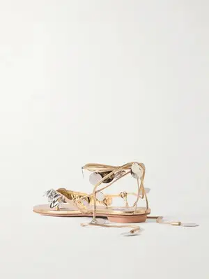AQUAZZURA Florin Embellished Leather Thong Sandals - Gold
