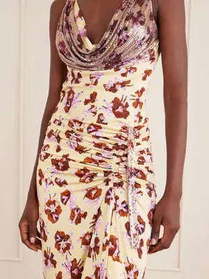 Rabanne Chainmail-embellished Floral-print Satin Mini Dress - Yellow