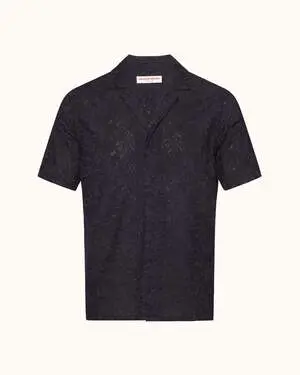 Orlebar Brown Broderie Anglaie Relaxed Fit Capri Collar Hirt Embroidered In Italy In Night Iri - Blue