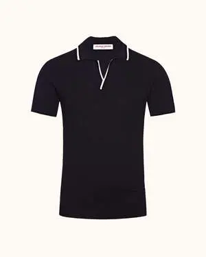 Orlebar Brown Navy Stripe Tailored Fit Resort Collar Polo Shirt - Blue