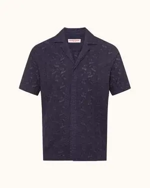 Orlebar Brown Broderie Anglaise Relaxed Fit Capri Collar Shirt In Night Iris - Blue