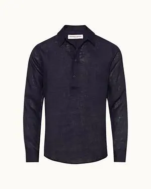 Orlebar Brown Dark Navy Classic Collar Overhead Linen Shirt - Blue