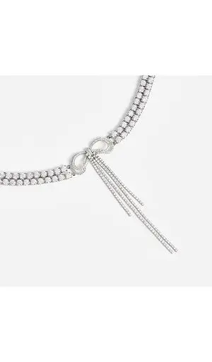 SELF-PORTRAIT Double Crystal Bow Choker With Tassel Detail - Silver
