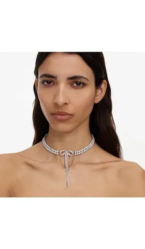 SELF-PORTRAIT Double Crystal Bow Choker With Tassel Detail - Silver