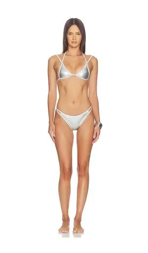 NARANJA FURCADO Latex Splash Matte Bent Bikini Set In Metallic Silver