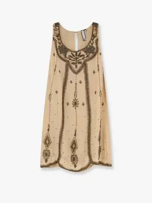 SCARLETT POPPIES Anabel Viscose Dress With Beaded Embroidery - Beige