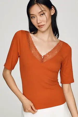 Maeve V-neck Henley T-shirt Top - Rooibos Tea