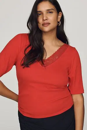 Maeve Maeve V-Neck Henley T-Shirt Top With Lace Trim True Red