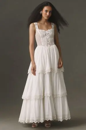Bhldn Cotton Crochet Tiered Maxi Dress