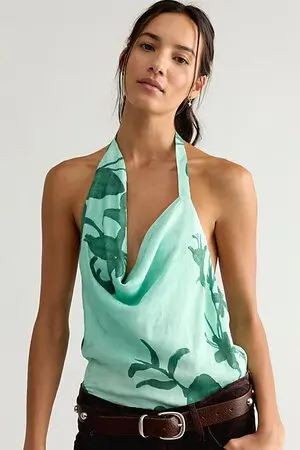 Free People Amalina Printed Halter Top - Aqua Combo