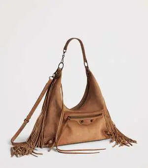 Balenciaga Suede Fringe Shoulder Bag - Brown