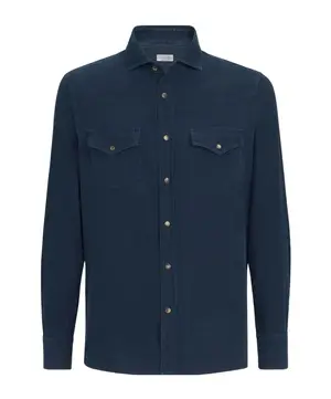 Brunello Cucinelli Garment-dyed Easy-fit Western Shirt In Narrow-wale Corduroy - Blue