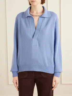 Victoria Beckham Genevieve Wool And Cashmere Blend Polo Shirt - Light Blue
