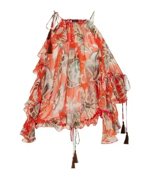 Etro Off-the-shoulder Asymmetrical Tassel Ruffle Print Shirt
