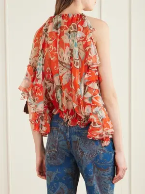 Etro Off-the-shoulder Asymmetrical Tassel Ruffle Print Shirt